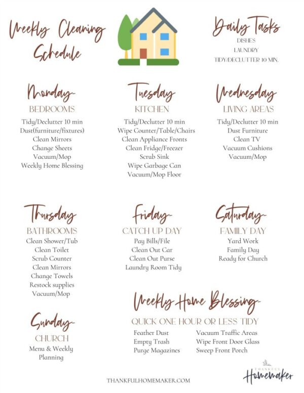 Weekly Cleaning Schedule Free PDF - Thankful Homemaker